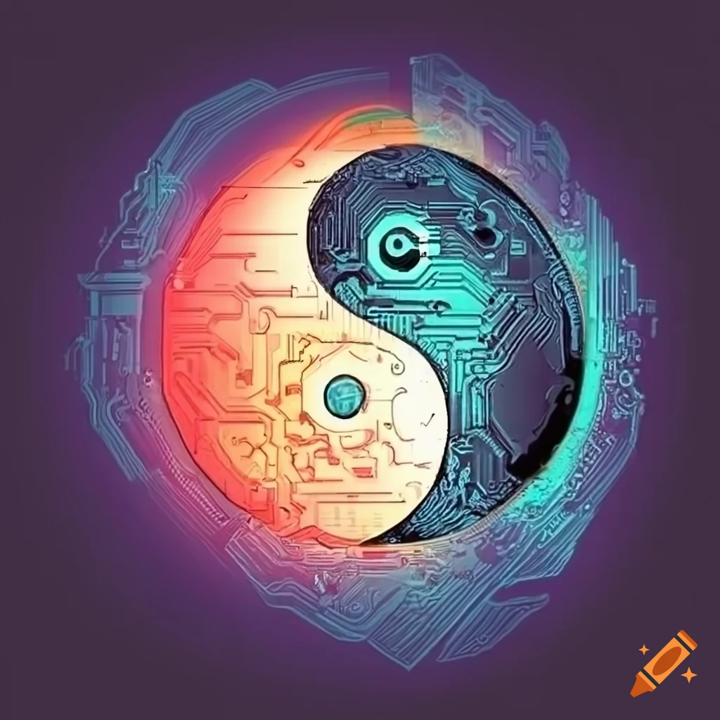 Yin and yang symbol integrated with a technological circuit design on ...