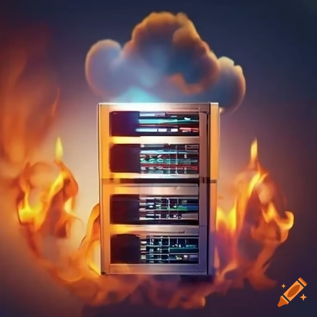 Web server on fire with cloud raining above on Craiyon