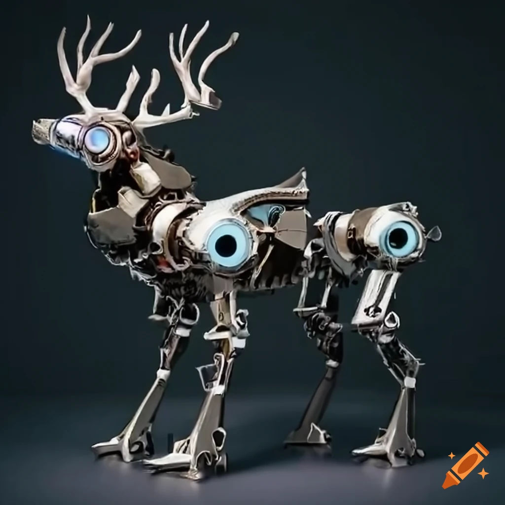 Intricately detailed mechanical robot buck deer prepared for battle on ...