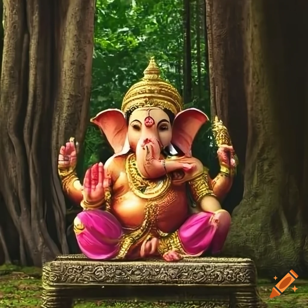 Lord ganesha sitting under an ancient tree in nature on Craiyon