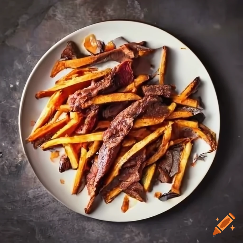 Plate of sweet potato fries with lean beef on Craiyon