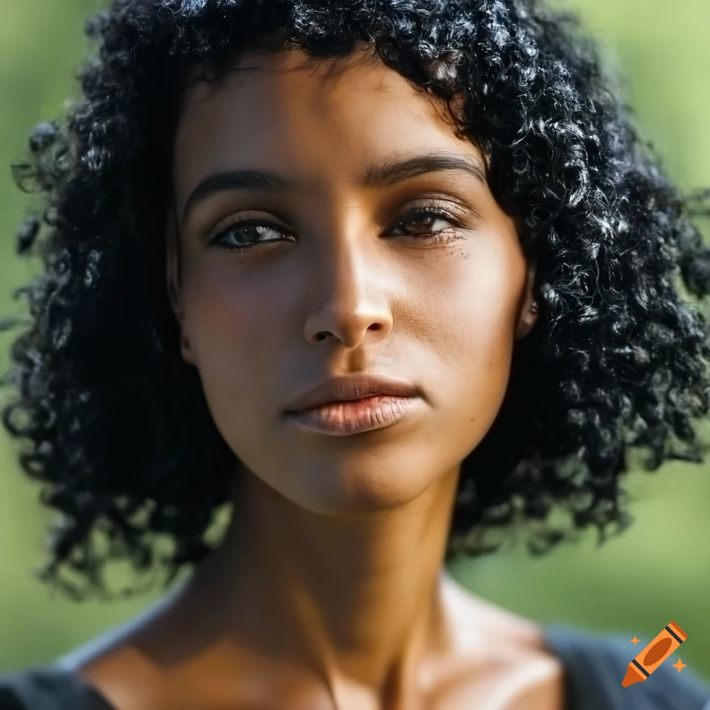 Black-haired woman with Arabic features speaking in a sunlit park on ...