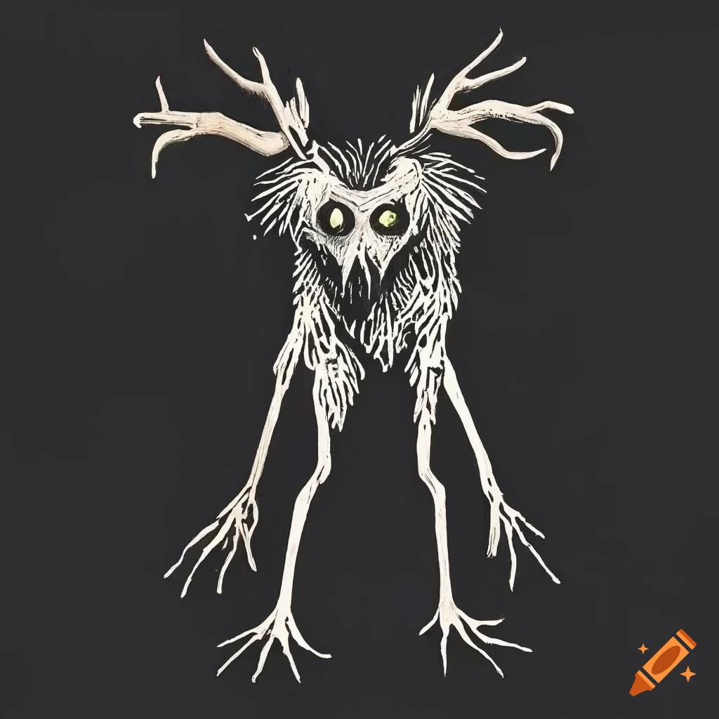 Minimalist black and white linocut print of a wendigo on Craiyon