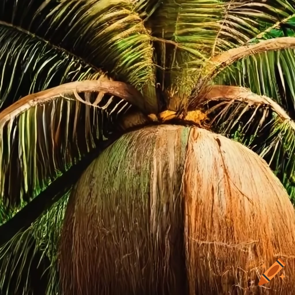 Large coconut above a small coconut tree on Craiyon