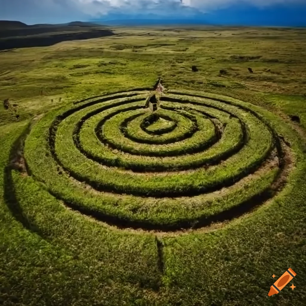 Ancient mythical labyrinth in a creepy landscape at eye level on Craiyon