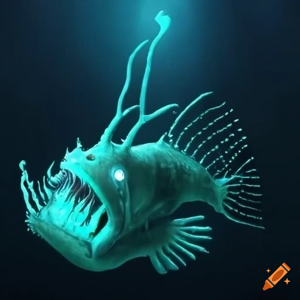 Deep sea anglerfish with glowing lantern in the dark on Craiyon