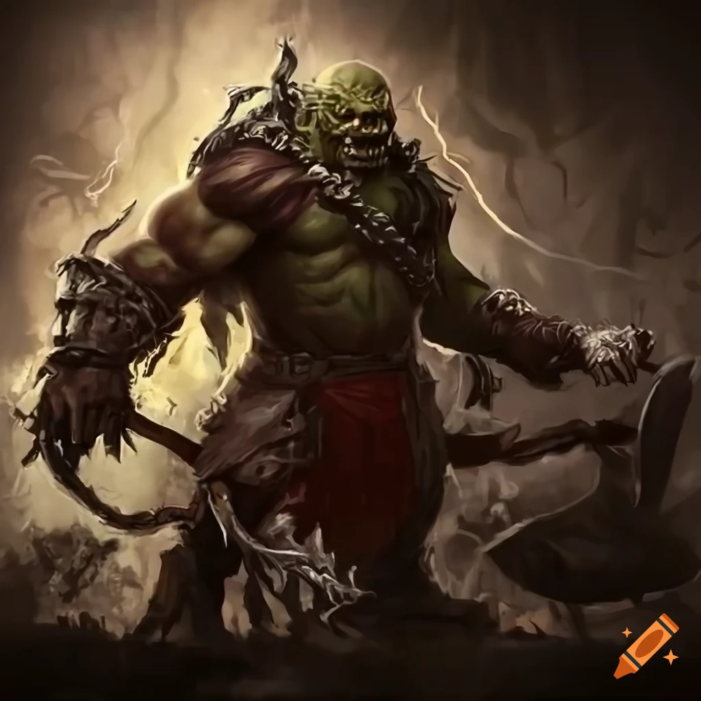 Strong orc warrior in medieval battlefield standing over defeated ...