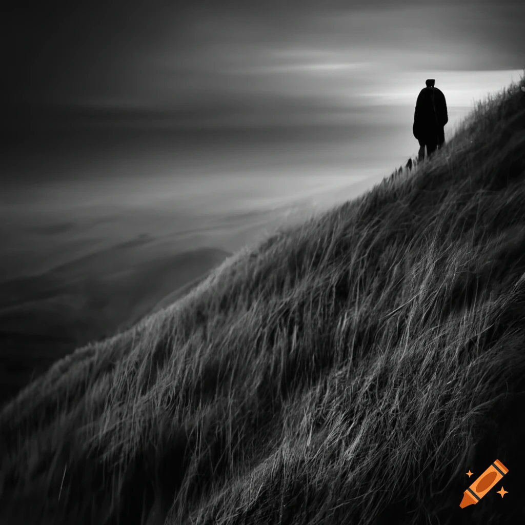 Peter standing alone on a hill in black and white on Craiyon