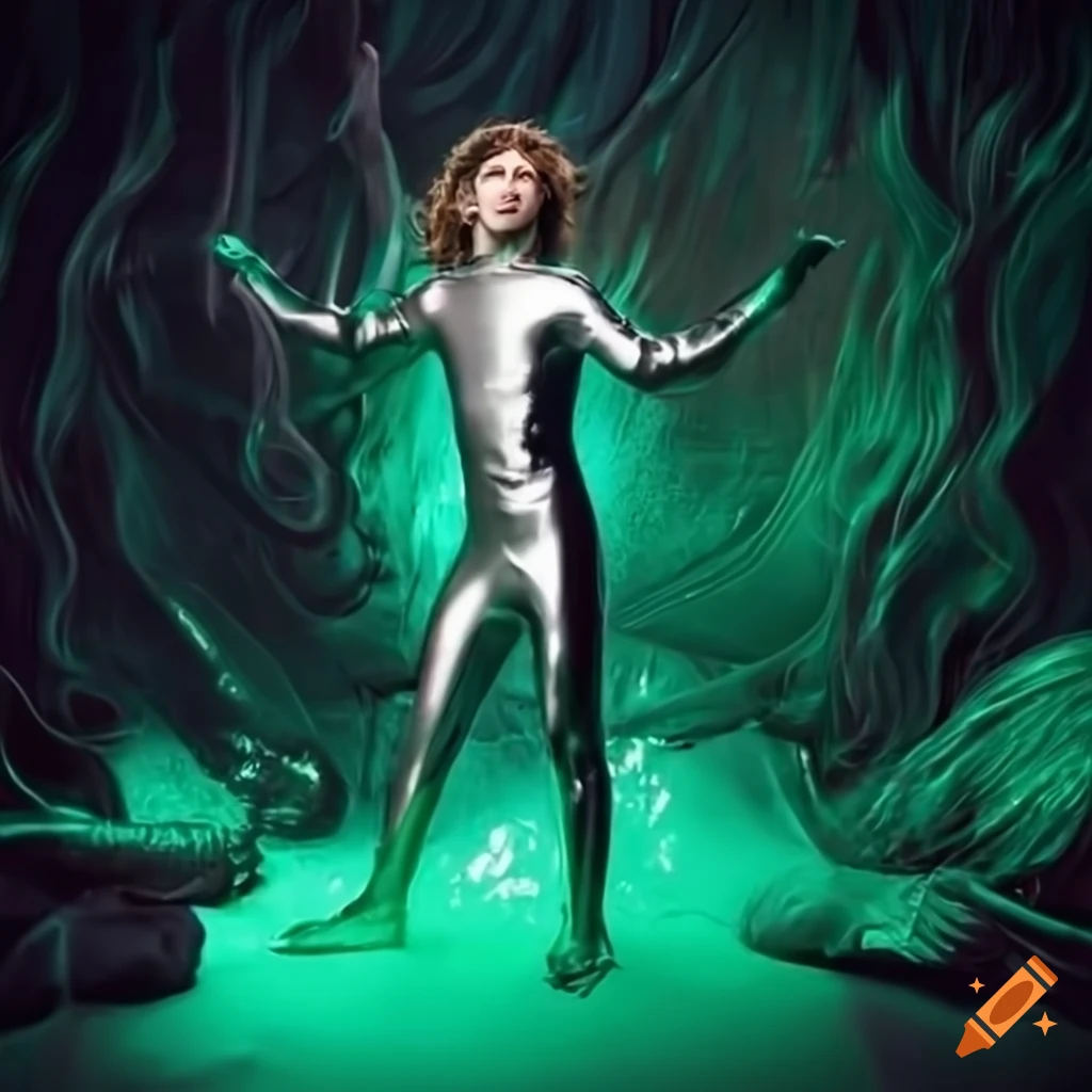 Male college student in sci-fi academy uniform showered in green slime ...