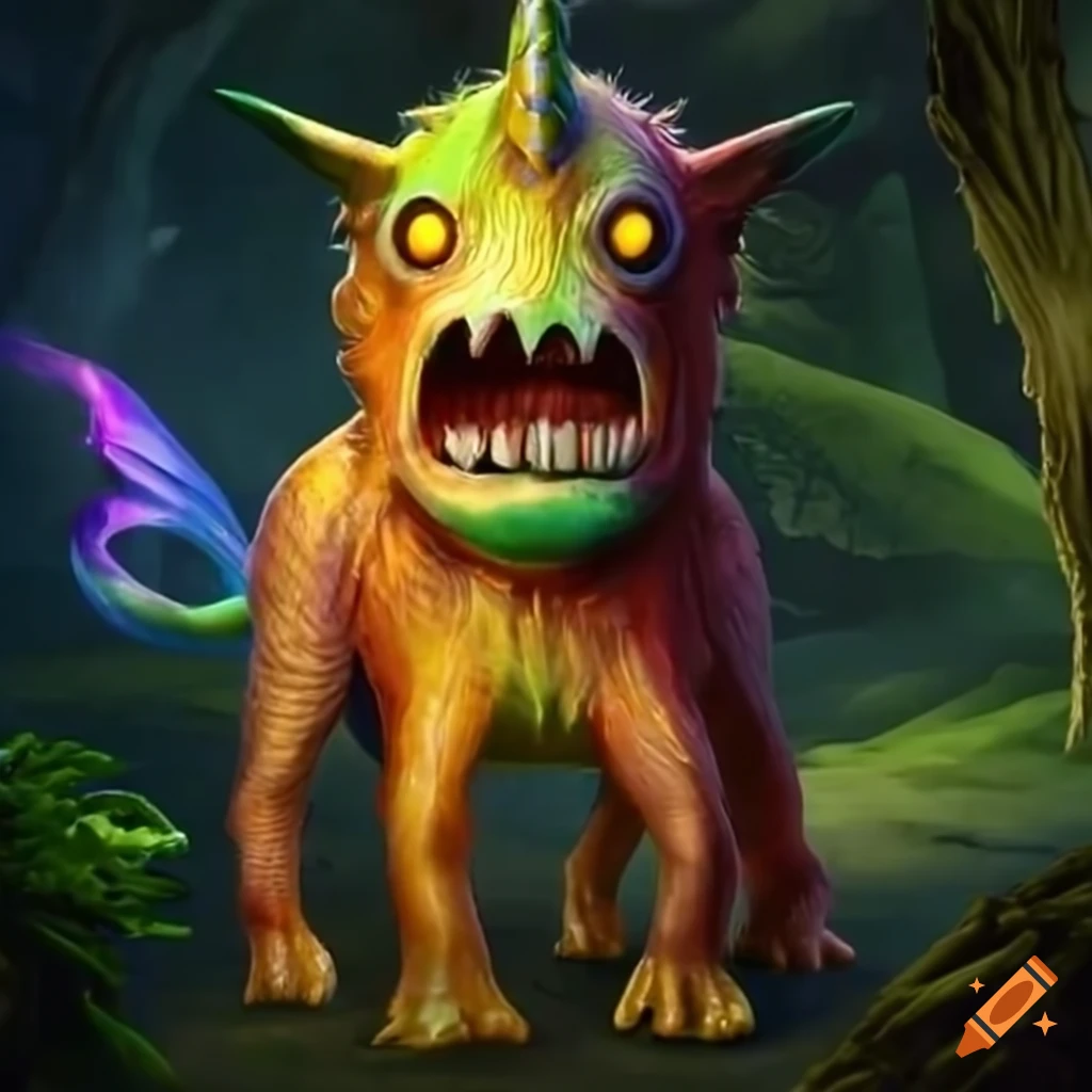 Mythical creatures and mutant lemon fruit monster in a magical forest ...