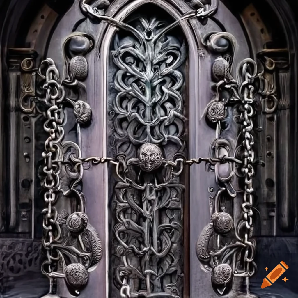 Imposing fantastical steel door with silver chains on black stone ...