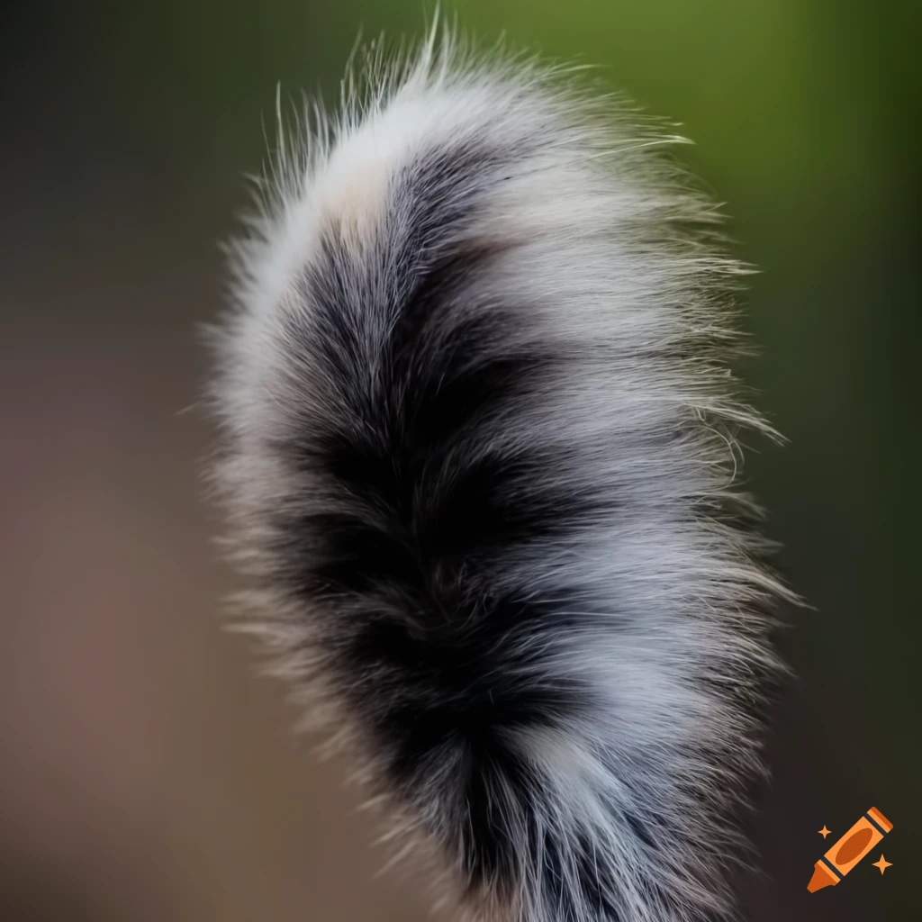 Close-up of fluffy skunk tail with signature stripes on Craiyon