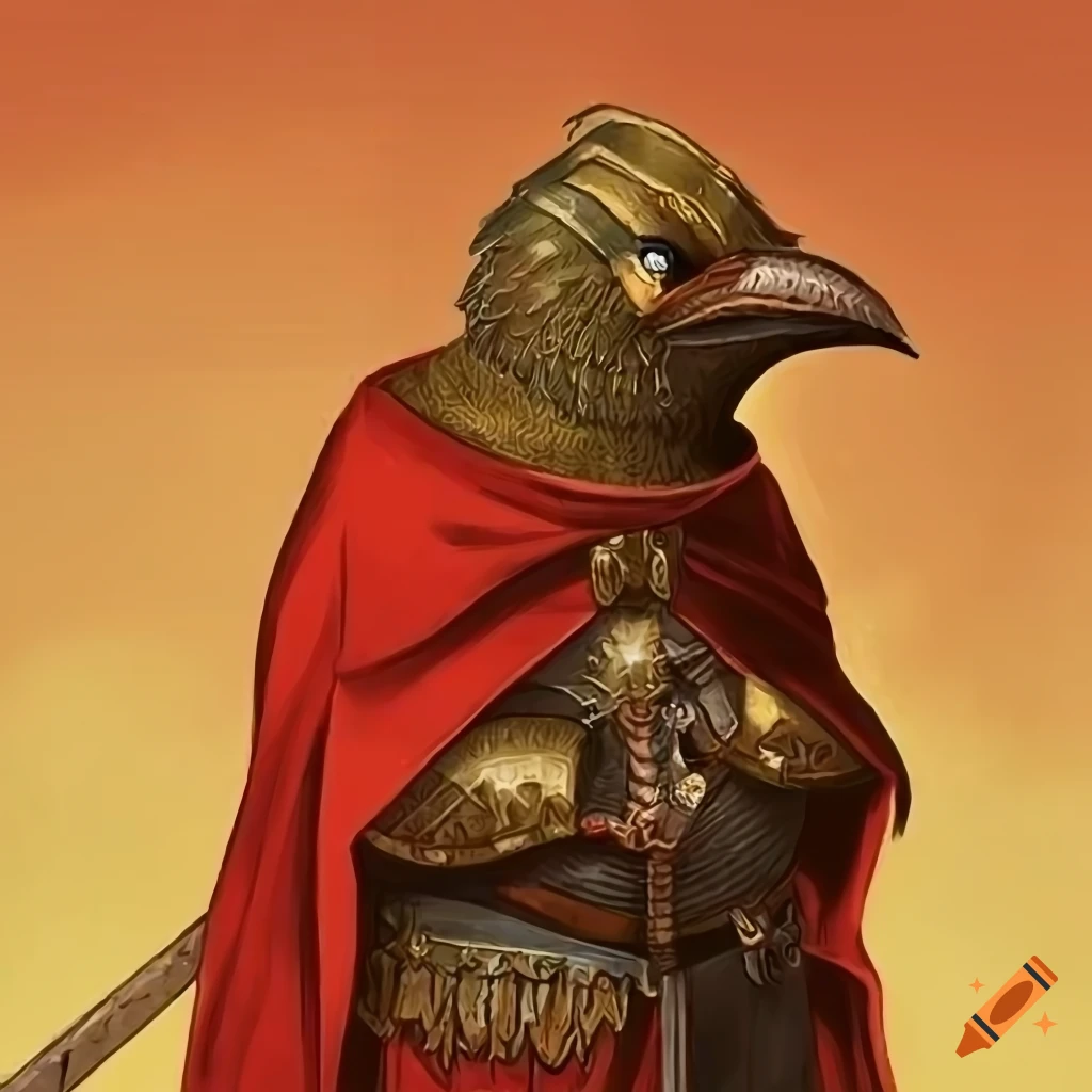 Anthropomorphic cardinal bird in red cleric cloak holding a staff and ...