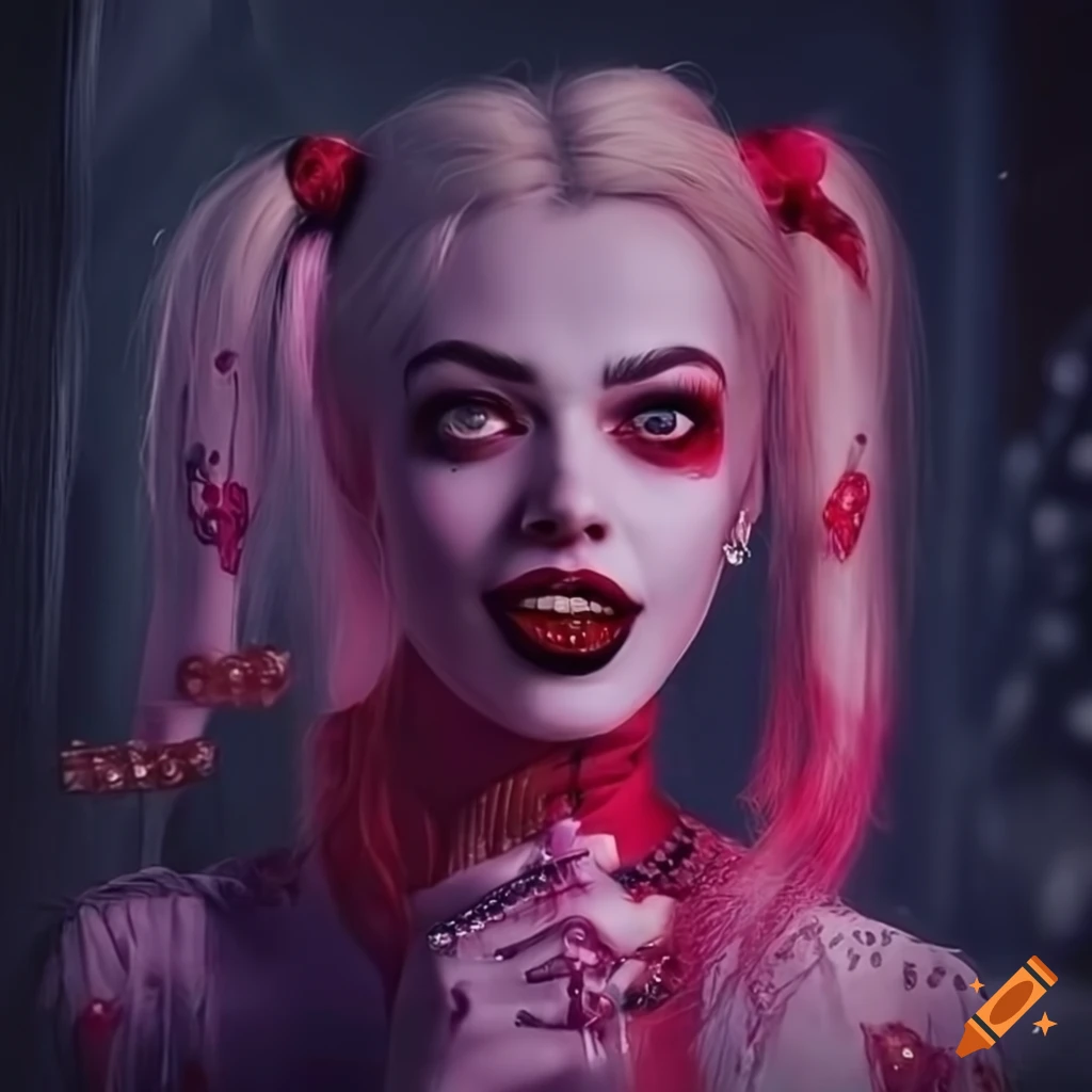 Vampire and Harley Quinn in a Victorian atmosphere with deep red and ...