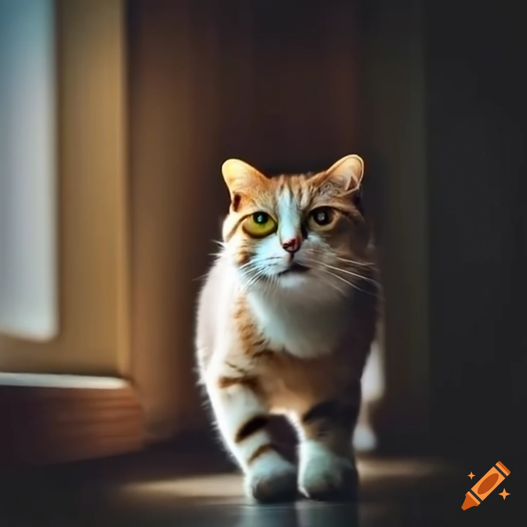Elegant and captivating cat walking down a hallway on Craiyon