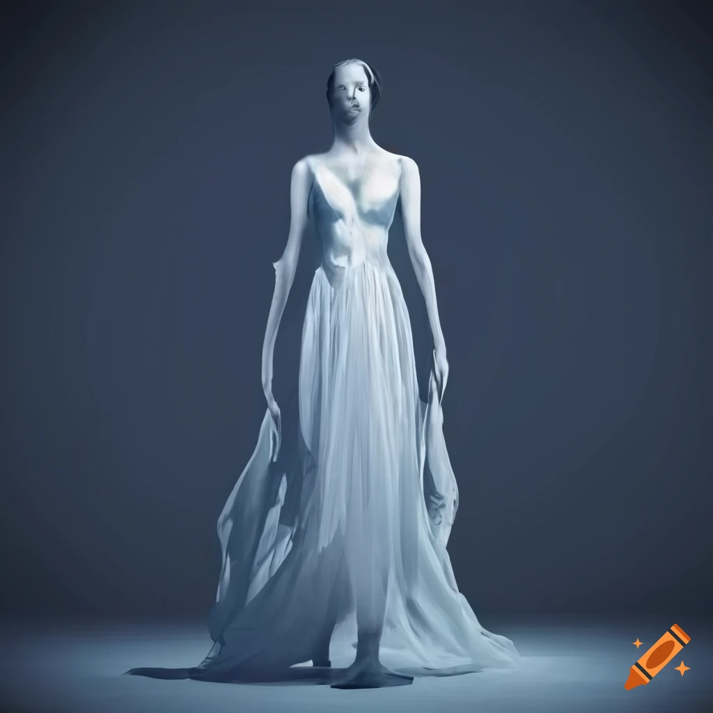 Emaciated figure in a white gown at the end of a dimly lit corridor on ...