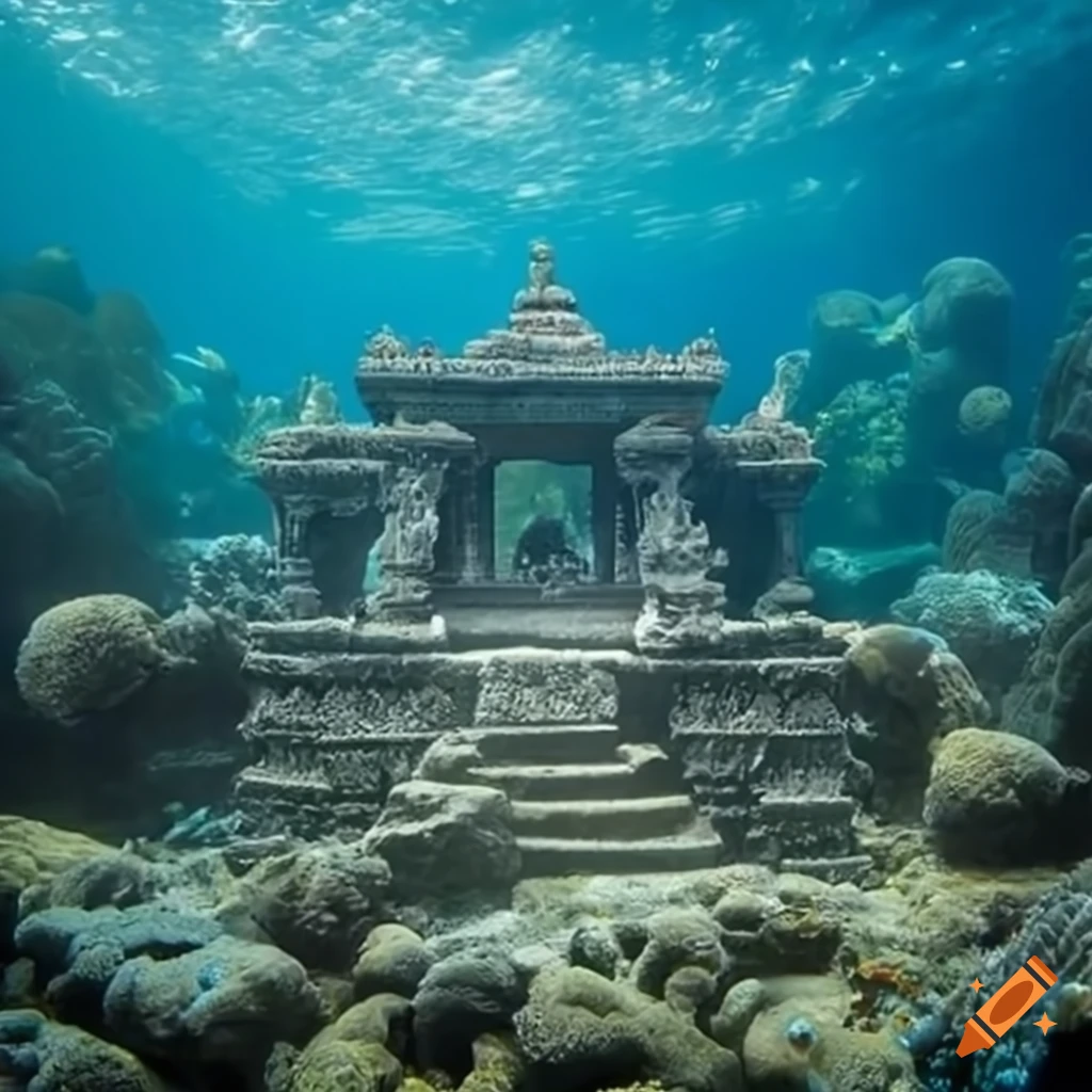 Underwater temple with coral on rocks on Craiyon