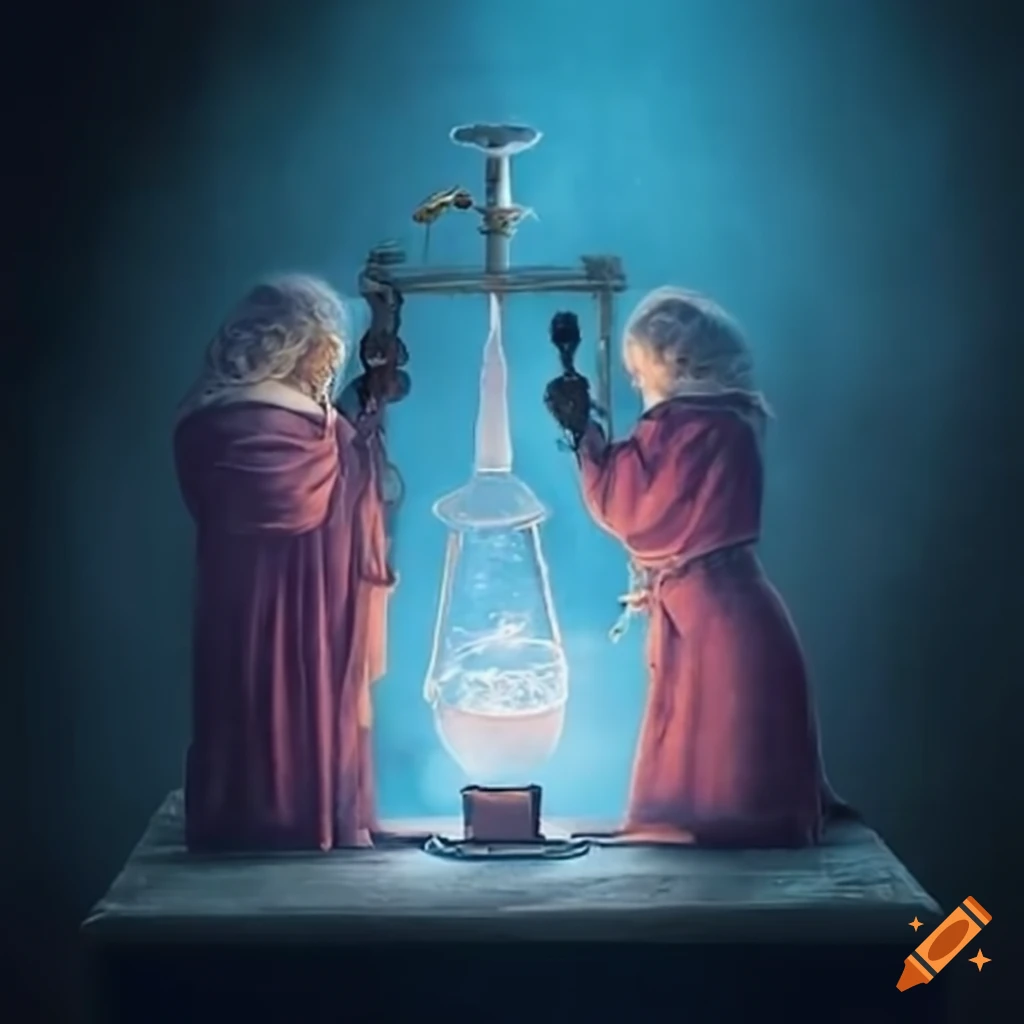 Medieval scientists in a well-lit laboratory conducting innovative ...