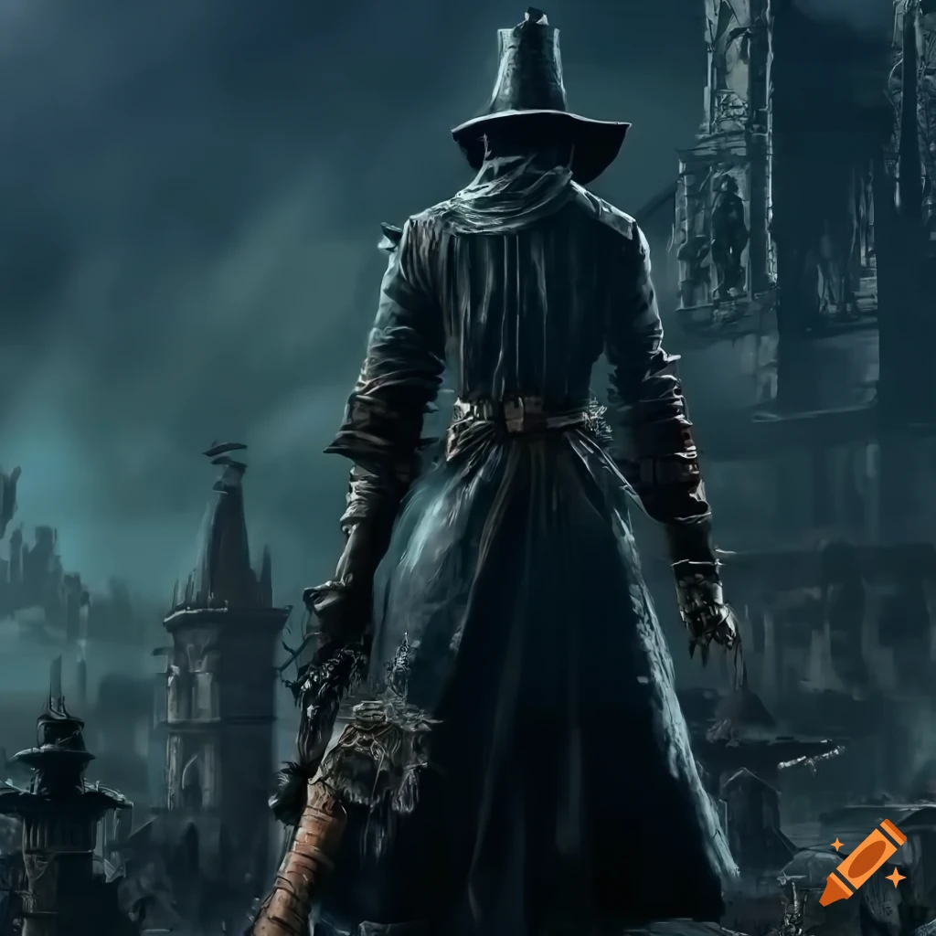 Hunter in a Victorian city ruins in Bloodborne theme art style on Craiyon