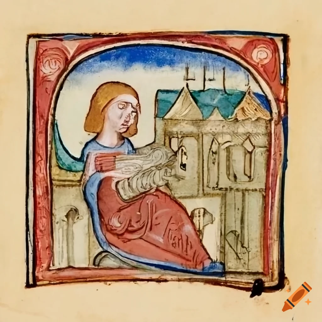 Medieval manuscript page with cartoon drawings in the margins on Craiyon