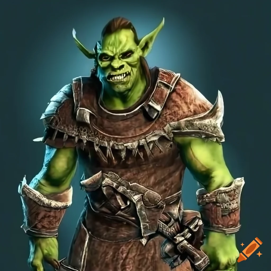 Skyrim orc forging metal armor in a blacksmith forge on Craiyon