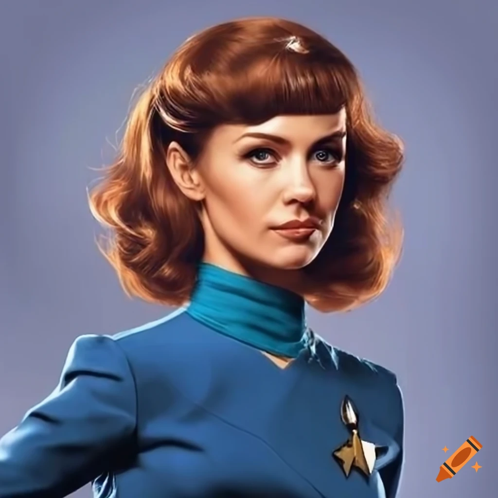 Woman with brown wavy hair in Starfleet uniform, portraying a doctor on ...