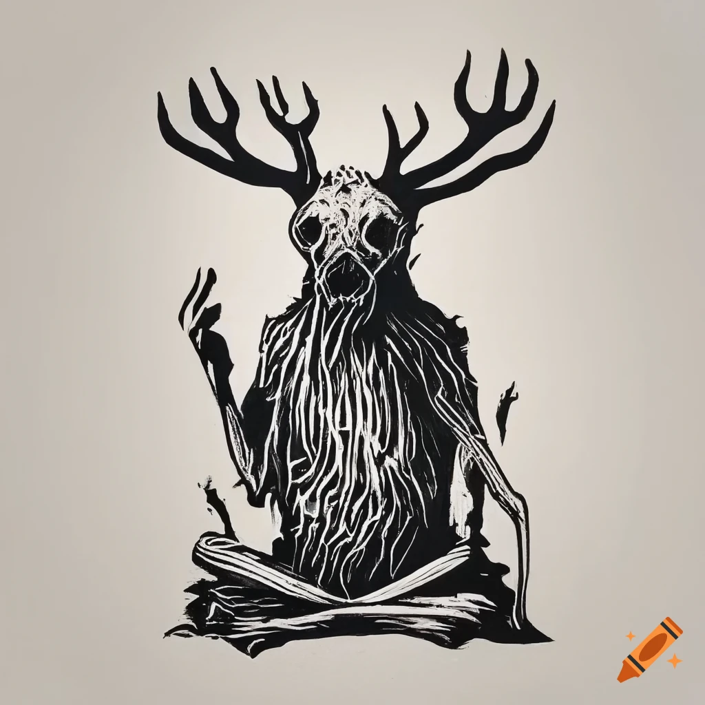 Minimalist black and white linocut print of a wendigo on Craiyon