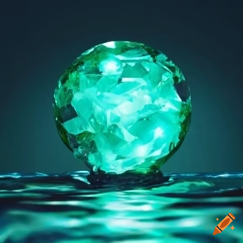 Glowing emerald crystal orb above water on Craiyon