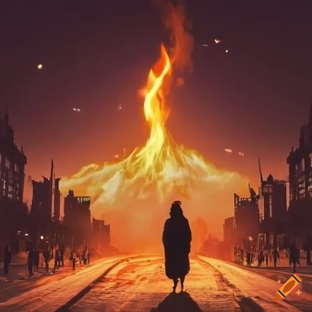 Wide shot of a thriving human city illuminated by fire on Craiyon