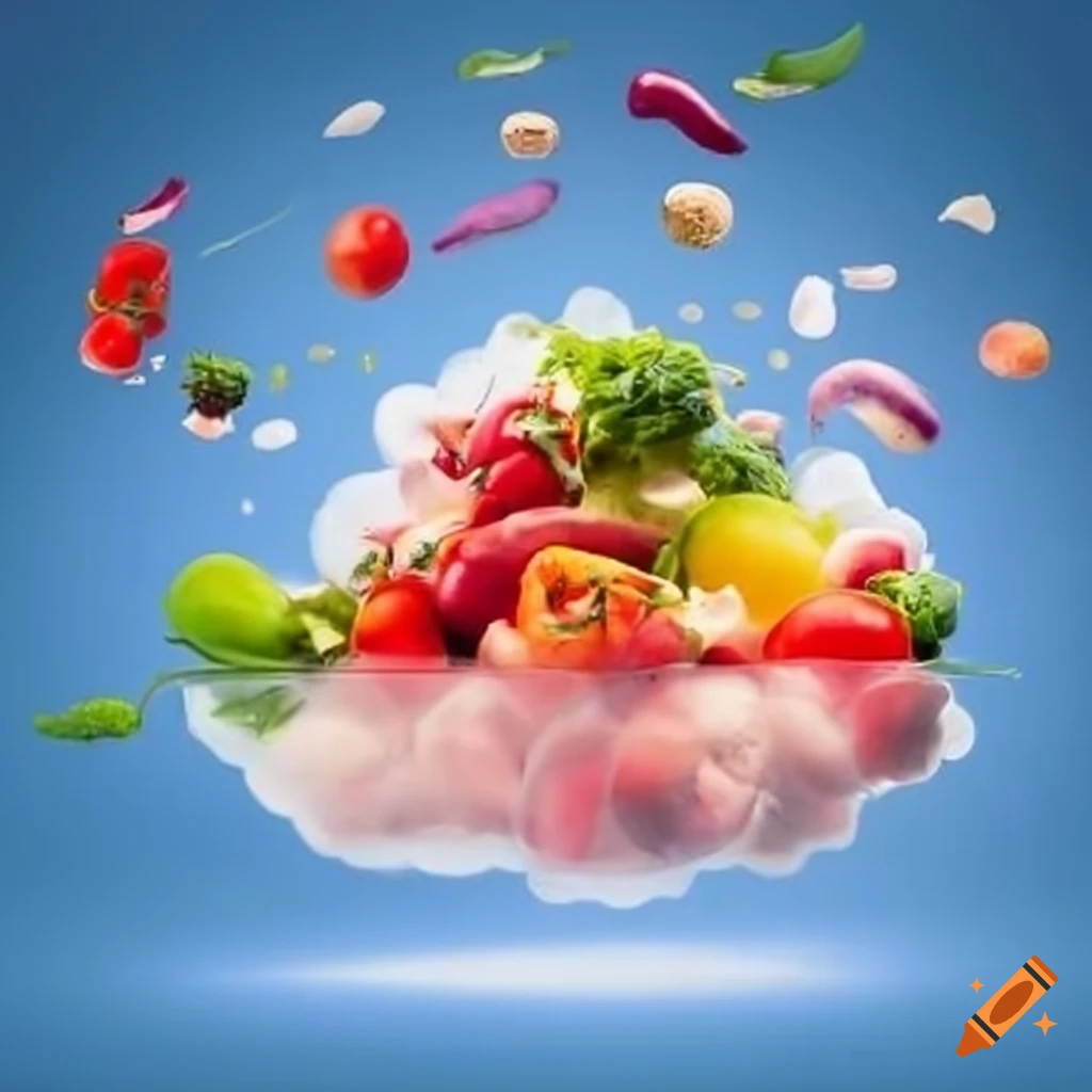 Fresh fruit and vegetables displayed on a floating cloud on Craiyon