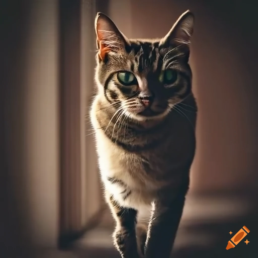 Elegant and captivating cat walking down a hallway on Craiyon