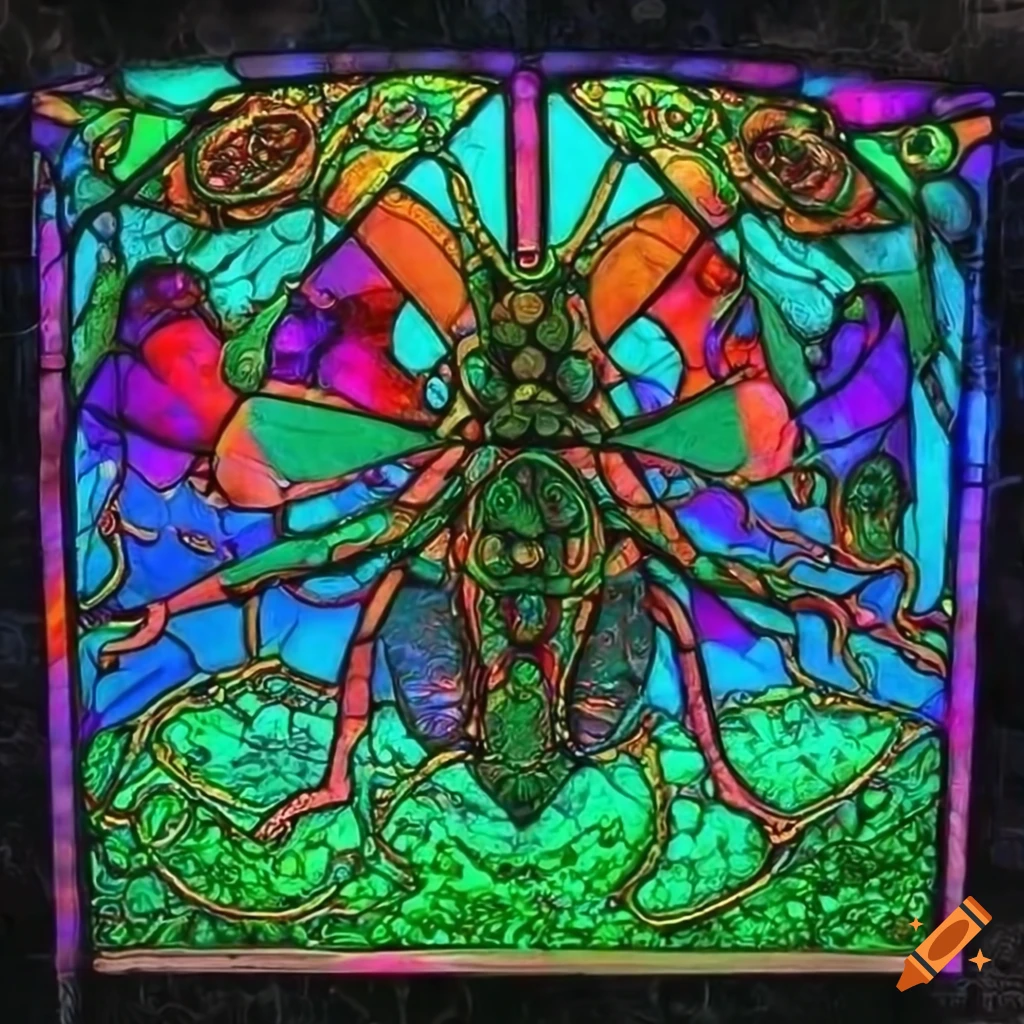 Stained glass window with alien insects in lovecraftian style under ...