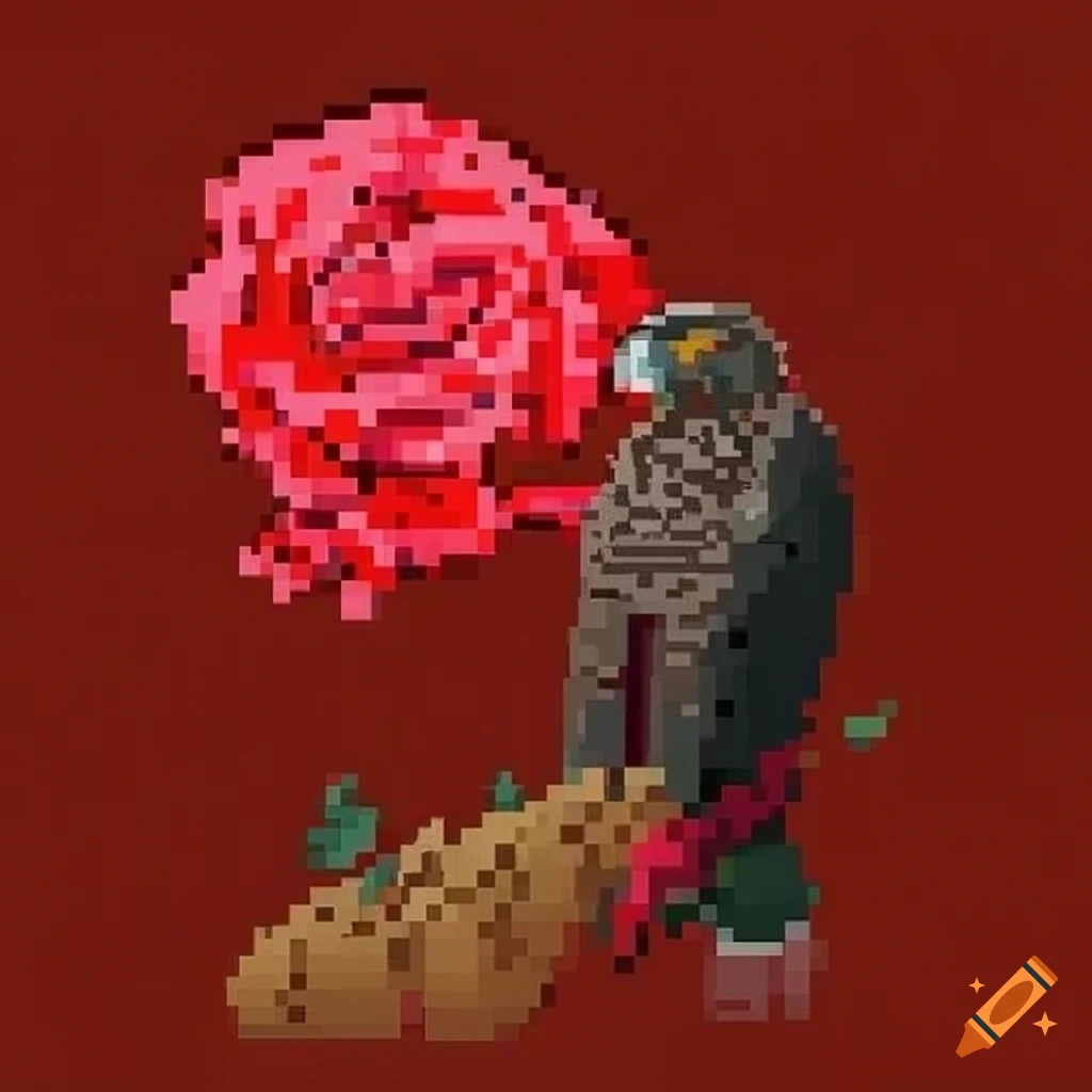 Pixel art of a hawk holding a red rose on Craiyon