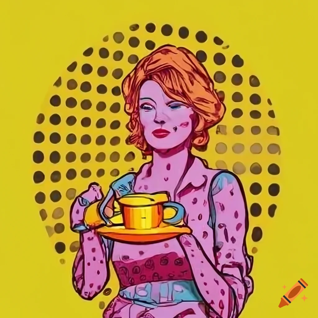 Woman making tea in pop art style with yellow background on Craiyon