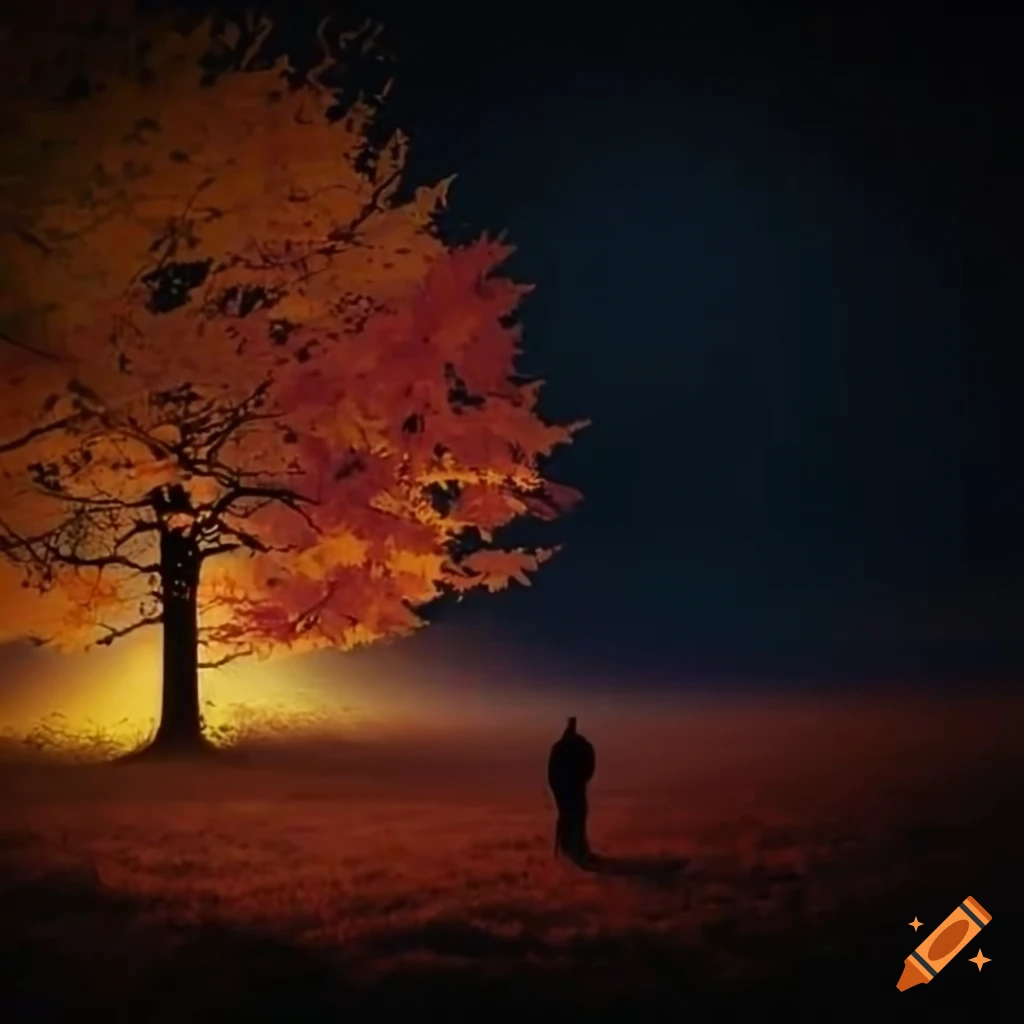 Person standing under a maple tree at night on Craiyon