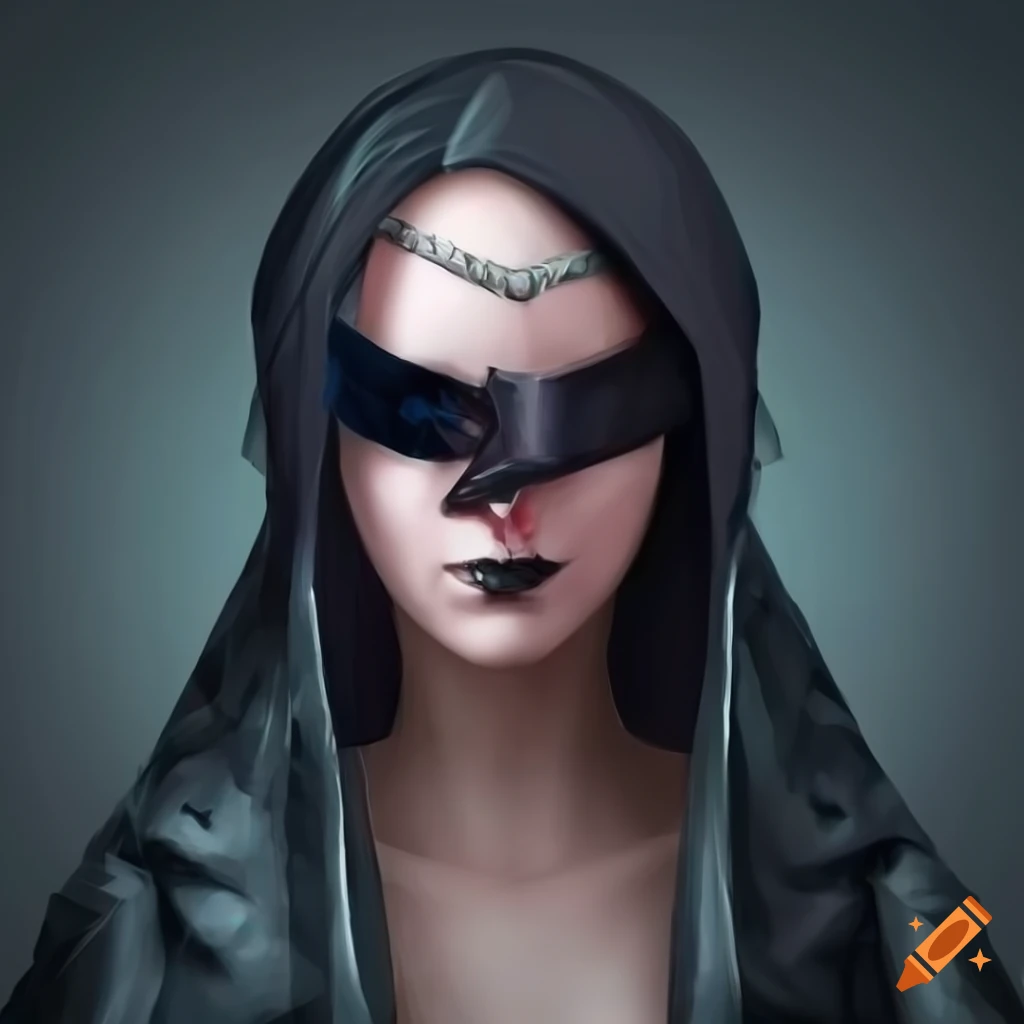 Young female necromancer in dark robes with a decorative eyepatch on ...