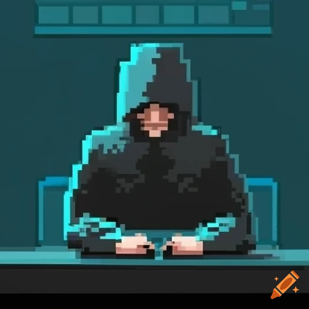 Pixel art hacker at computer on Craiyon