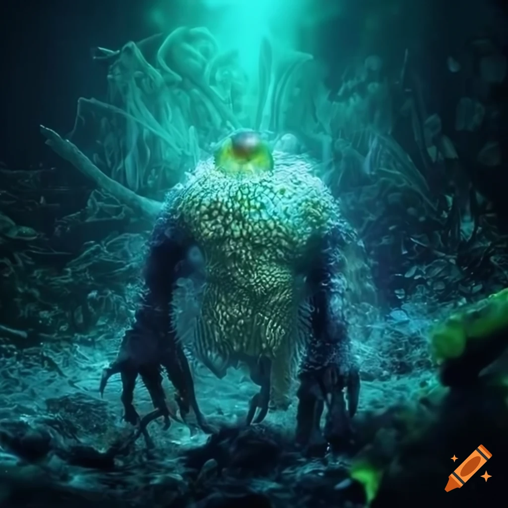 Biopunk cityscape with glowing green moss, plants, mushrooms, crystals ...