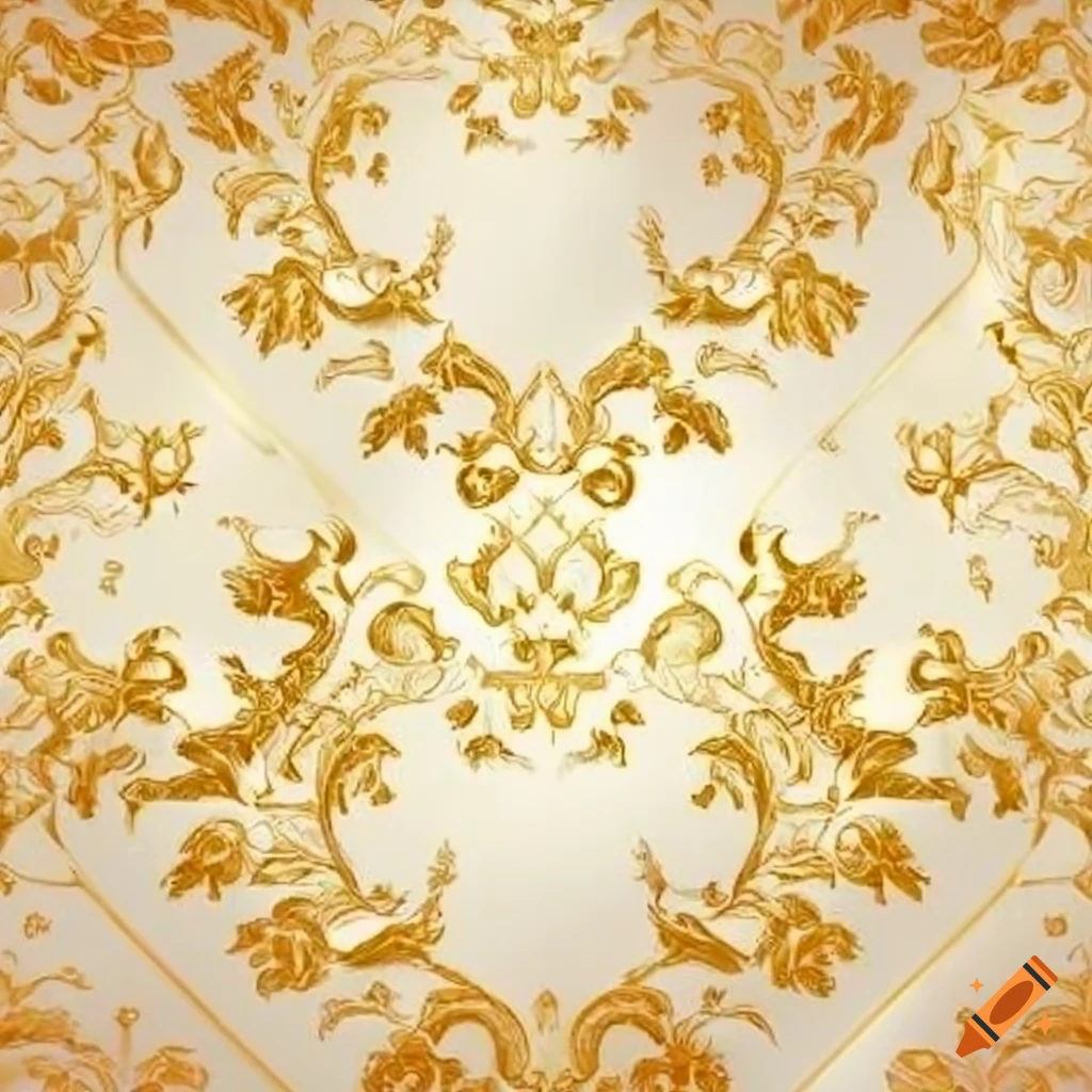 White background with golden royal patterns, bright golden roses, and ...