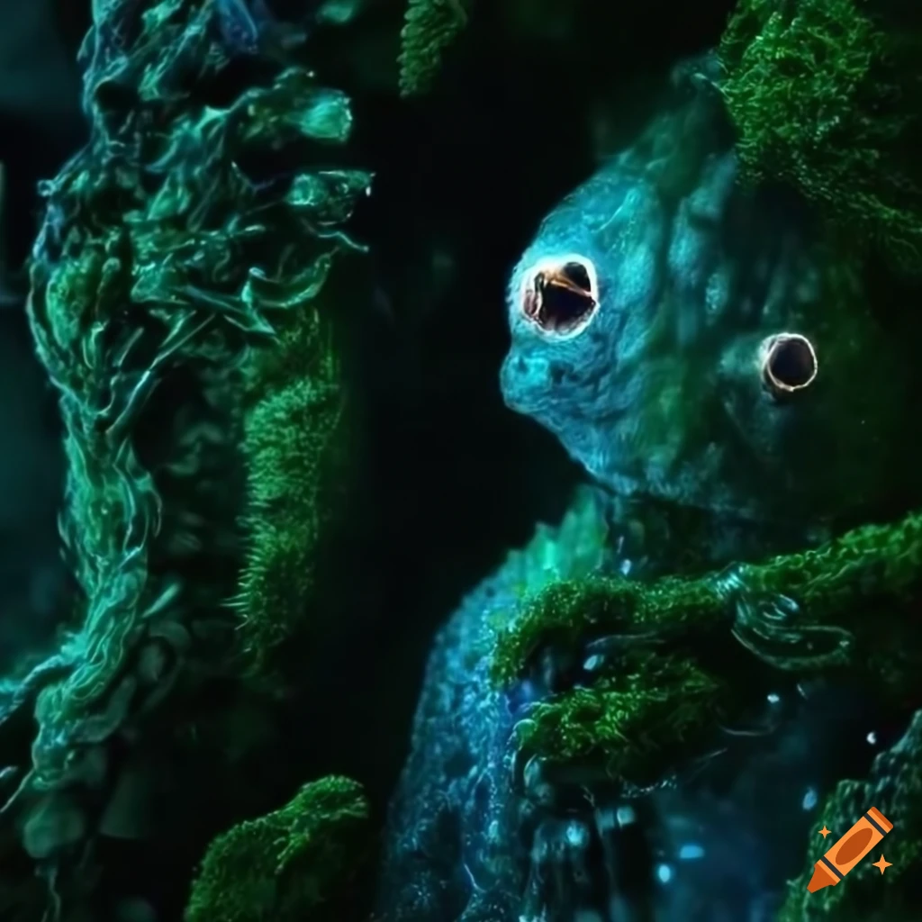 Glowing biopunk cityscape with cyborg mutant omega mart lemon fruit ...