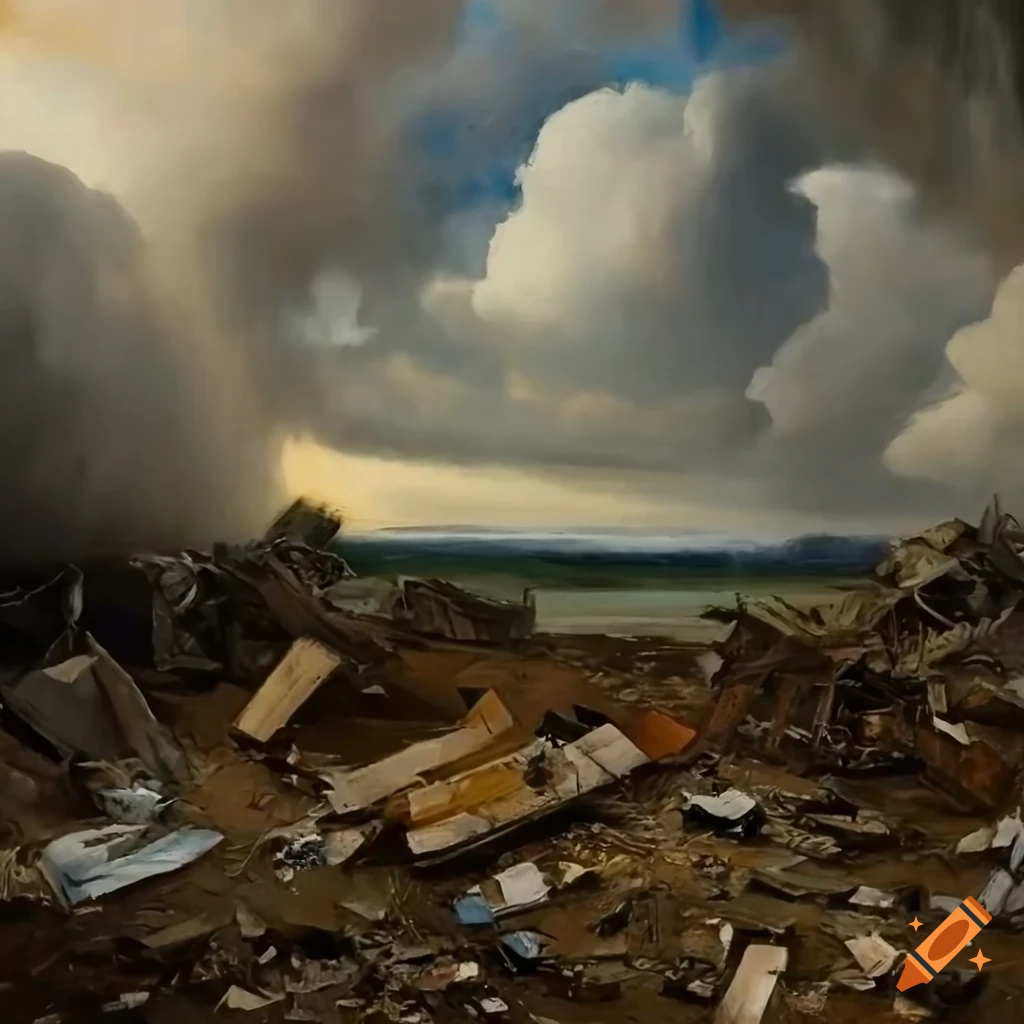 Hidden painting in a chaotic mess of junk and garbage in a destroyed ...