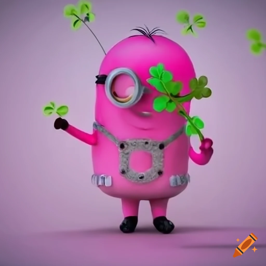 Pink minion holding a clover on Craiyon