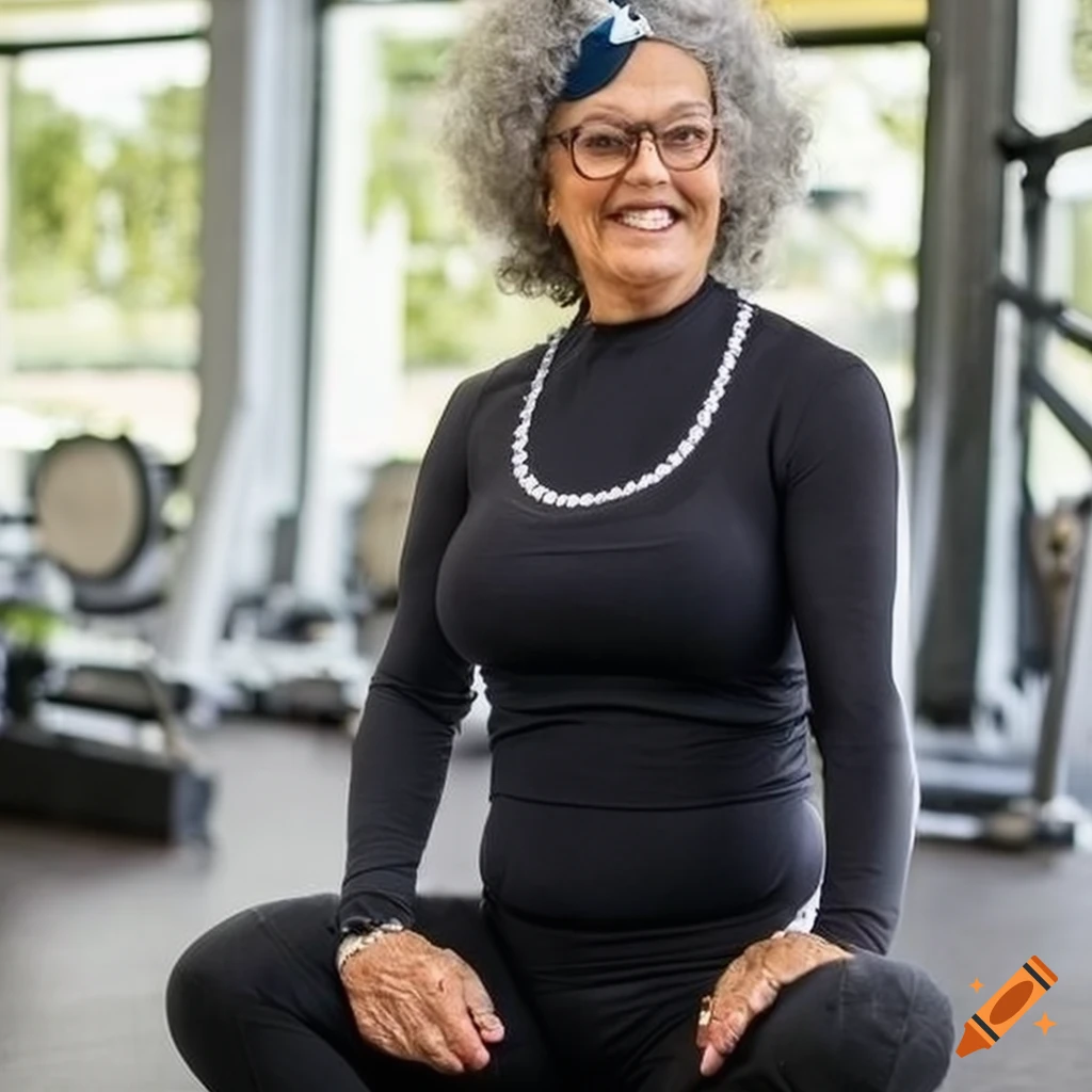 Award-winning fitness photo of a full-figured elderly woman with curly ...
