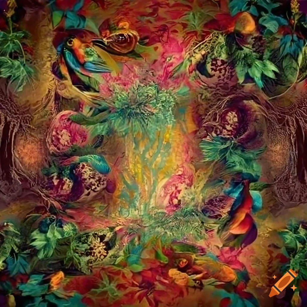 Exotic birds, colorful flowers, snakeskin trees, ivy vines, and dandelion shrubs with vintage ...