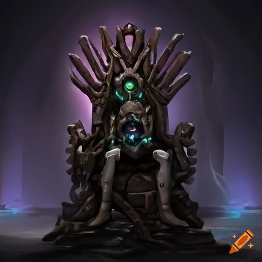 Stone human fused with mechanical gear throne with glowing eyes on Craiyon
