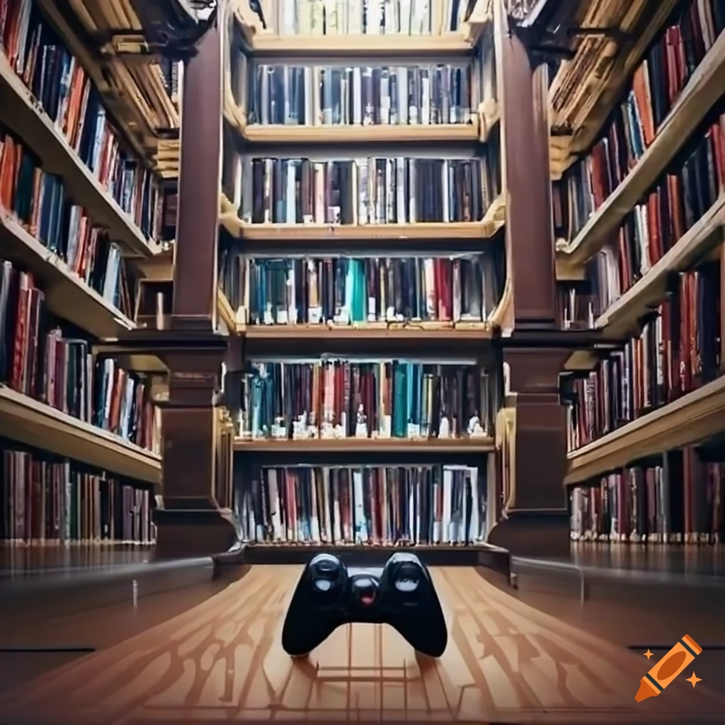 Video game console in a library on Craiyon