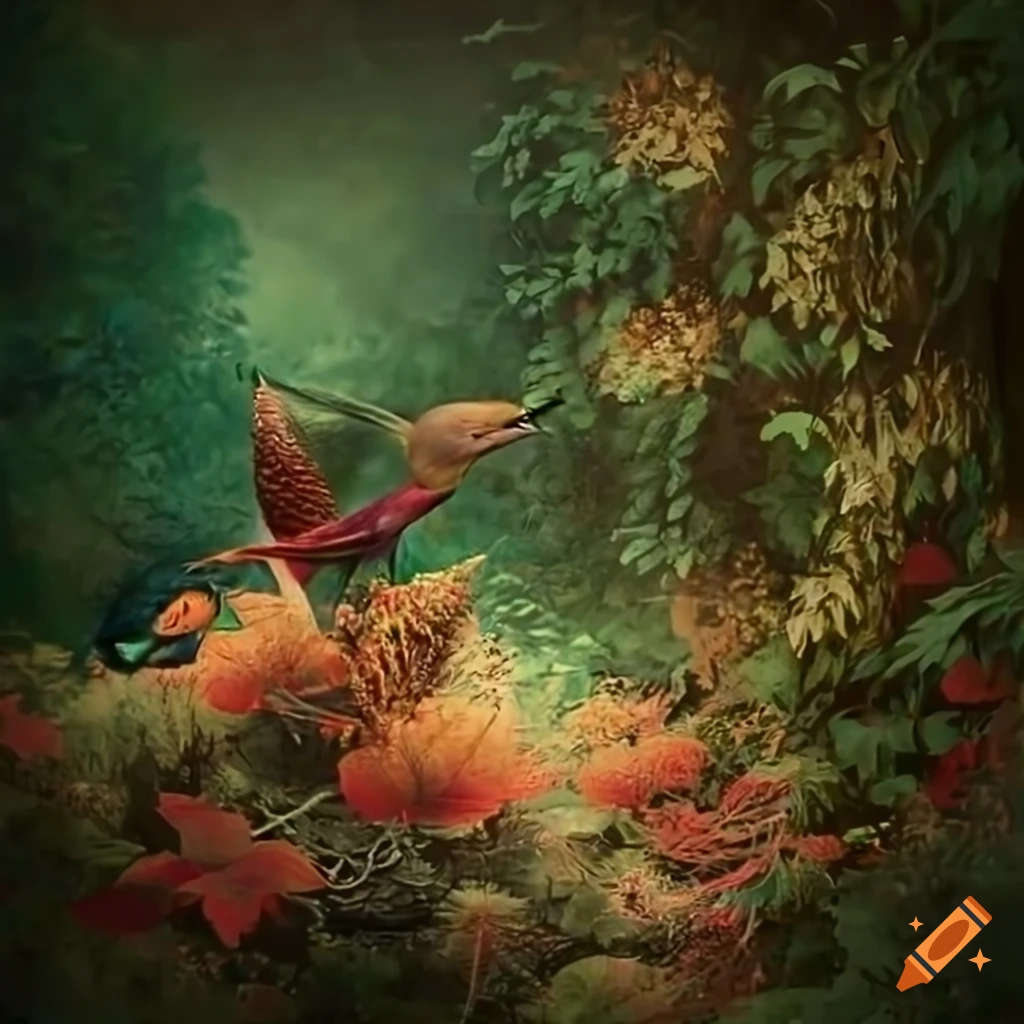 Exotic flowers, birds, and trees with vintage wallpaper background in high resolution on Craiyon