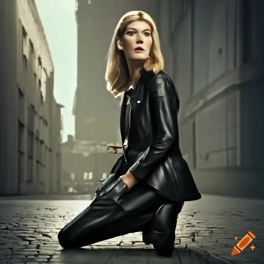 Actress rosamund pike in black leather outfit searching sunny alleyway on Craiyon