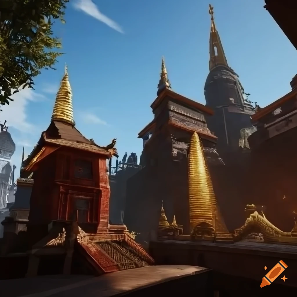 Red-golden temple with black roof and golden towers in a futuristic ...