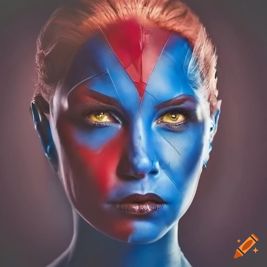 Portrait of a woman resembling Mystique with blue scales and white skin ...